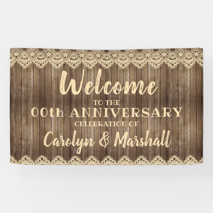 Rustic Wood & Cream Lace ANY Anniversary Banner | Zazzle