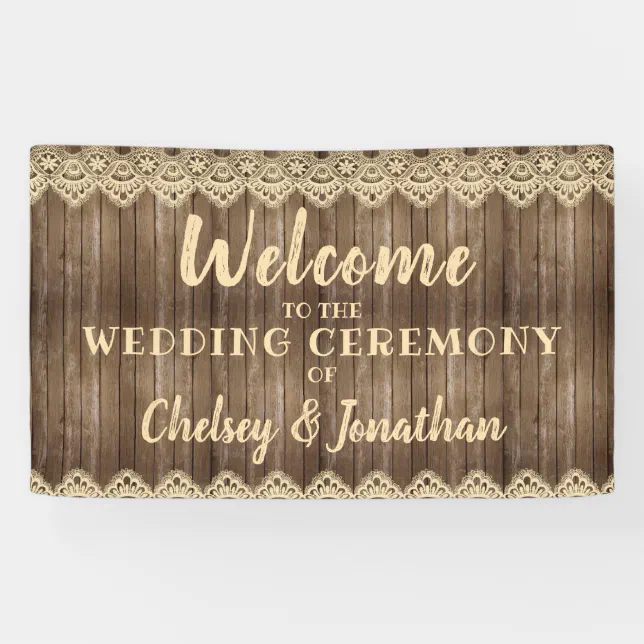Rustic Wood & Cream Lace Wedding Welcome Banner | Zazzle