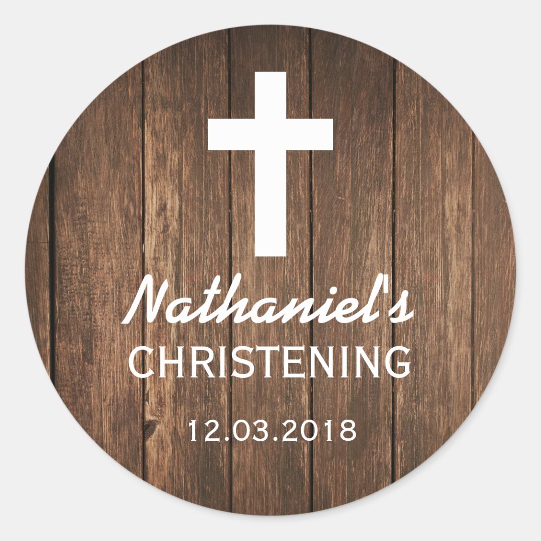 Rustic Wood Cross Baptism Christening Sticker | Zazzle