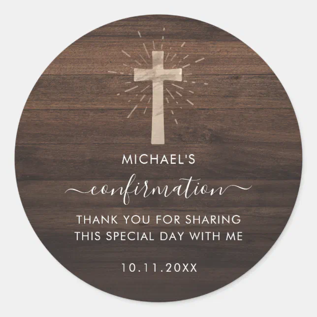 Rustic Wood Cross Confirmation Custom Classic Round Sticker | Zazzle