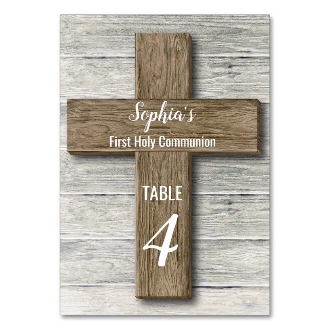 Rustic Wood Cross First Communion - Table Card | Zazzle