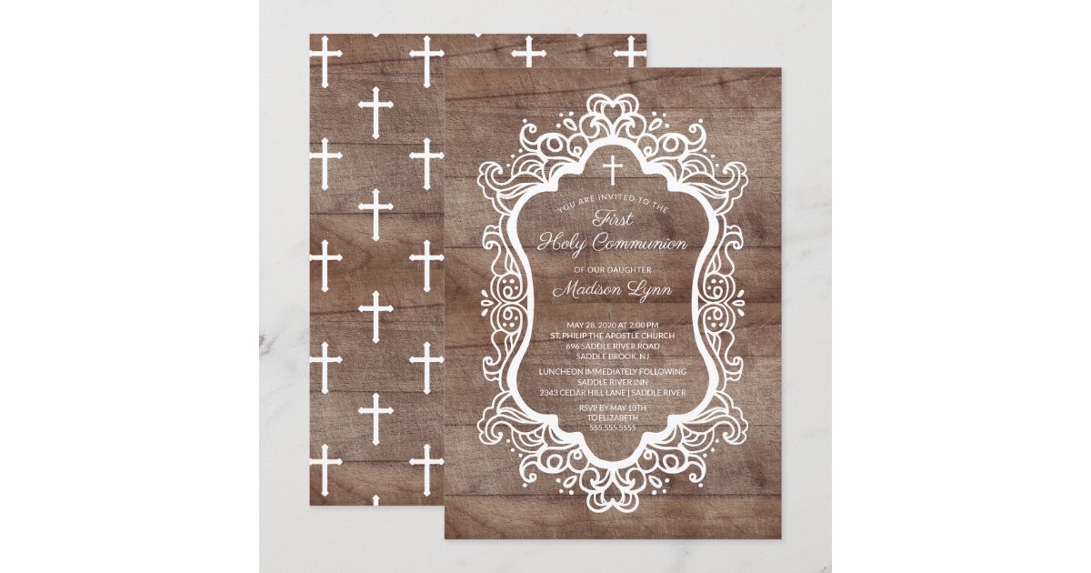 Rustic Wood Cross First Holy Communion Invitation | Zazzle