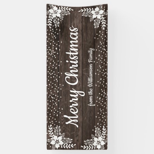 Rustic Wood Custom Floral Snow Christmas Party Banner | Zazzle