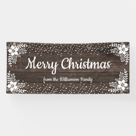 Rustic Wood Custom Floral Snow Christmas Party Banner | Zazzle.com