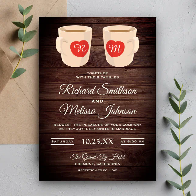 Rustic Wood Cute Coffee Mugs Wedding Invitation | Zazzle