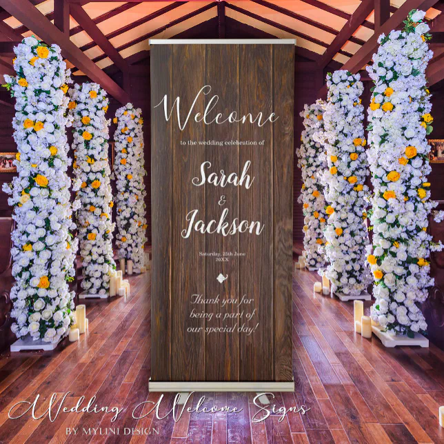 Rustic Wood Decor Wedding Welcome Retractable Banner | Zazzle