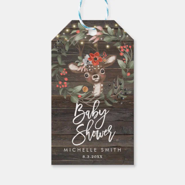 rustic wood deer baby shower tags | Zazzle