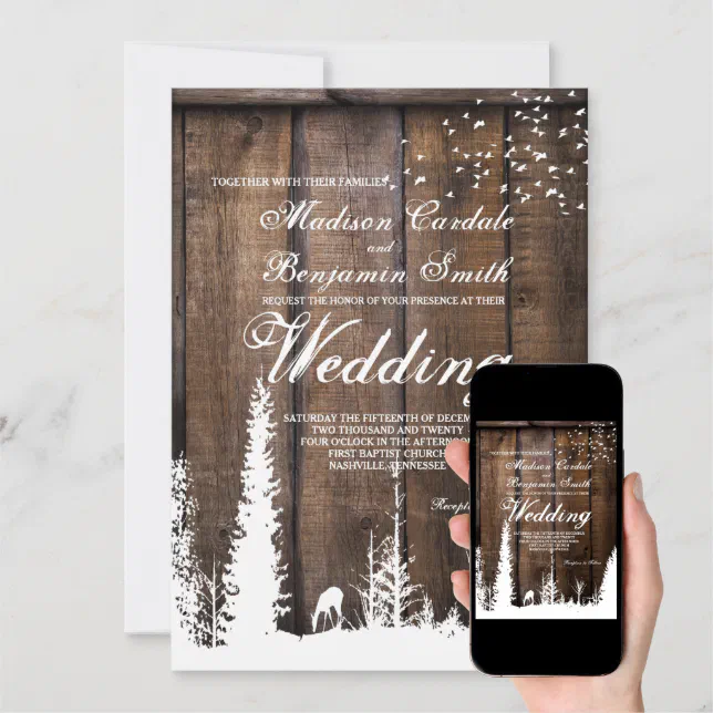 Rustic Wood Deer Pine Tree Wedding Invitations | Zazzle