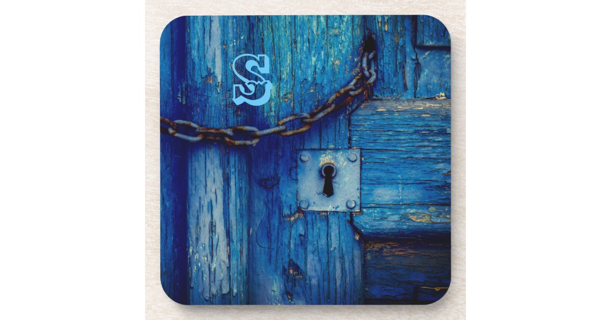 Rustic wood door keyhole chain blue coaster | Zazzle