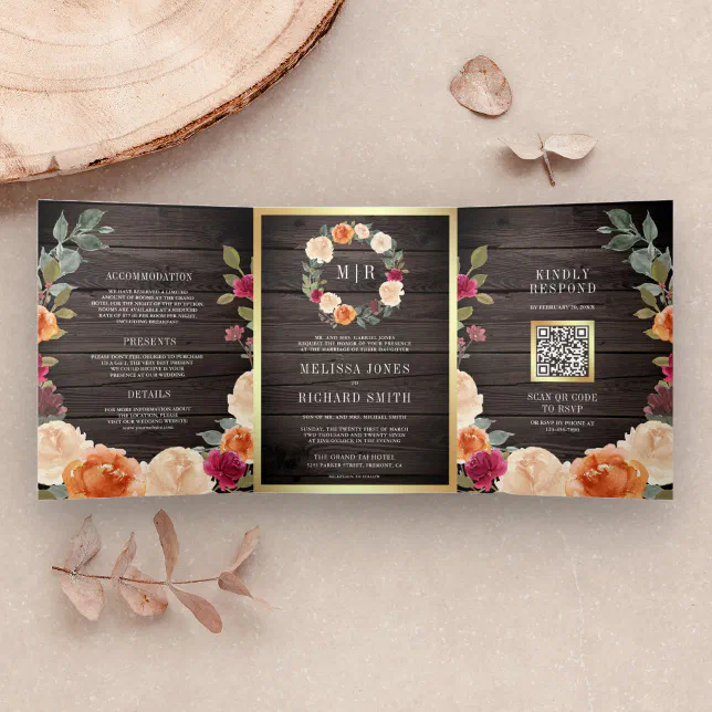 Rustic Wood Earthy Floral Wreath QR Code Wedding Tri-Fold Invitation ...