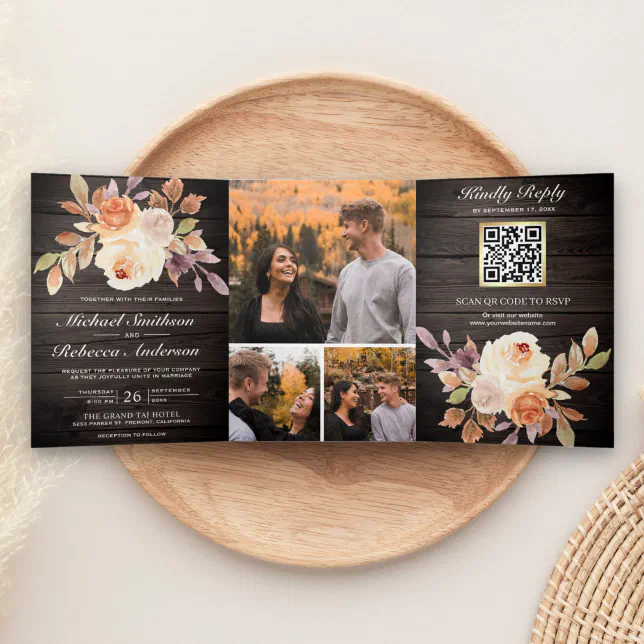 Rustic Wood Earthy Ivory Floral QR Code Wedding Tri-Fold Invitation ...