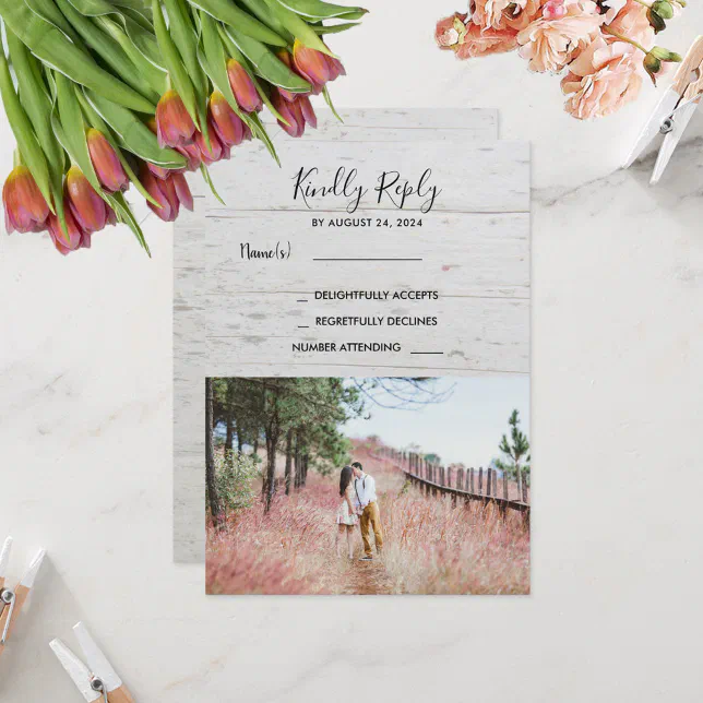Rustic wood elegant photo RSVP country Wedding Invitation | Zazzle
