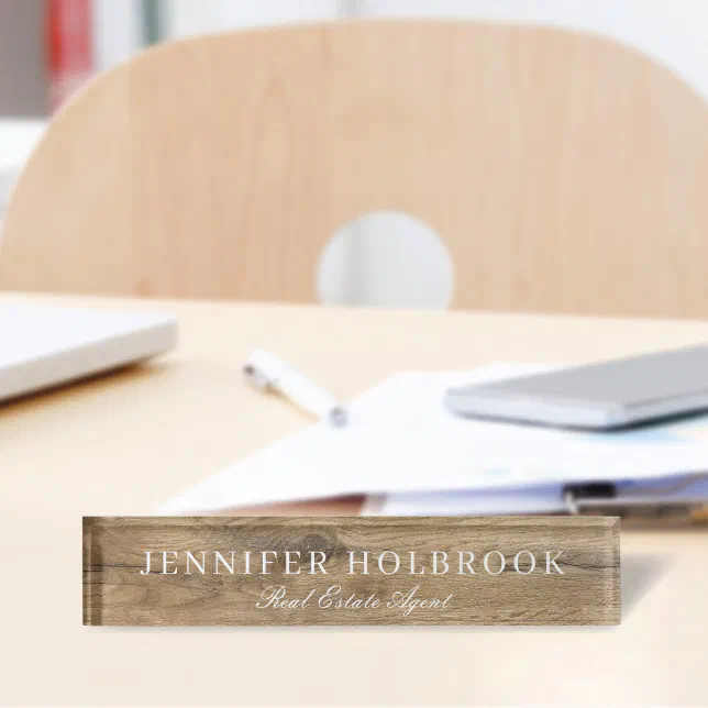 Rustic Wood + Elegant White Typography Desk Name Plate | Zazzle