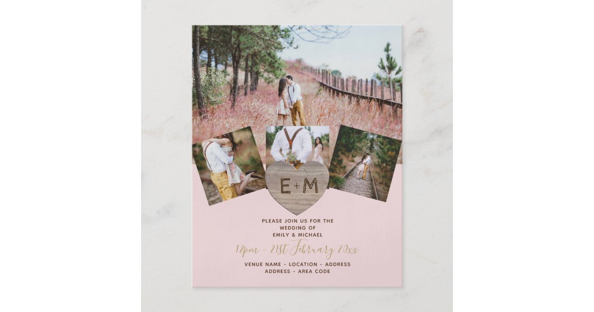 Rustic Wood Engraved Heart PHOTO COLLAGE Invite Flyer | Zazzle