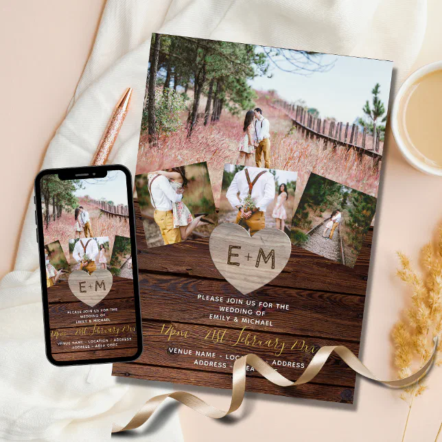 Rustic Wood Engraved Heart PHOTO COLLAGE WEDDINGs Invitation | Zazzle
