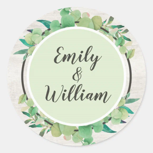 Rustic Wood & Eucalyptus Leaf Botanical Names Classic Round Sticker ...