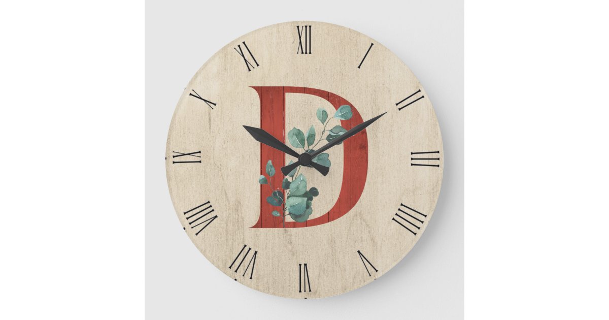 Rustic Wood & Eucalyptus Letter D Large Clock | Zazzle
