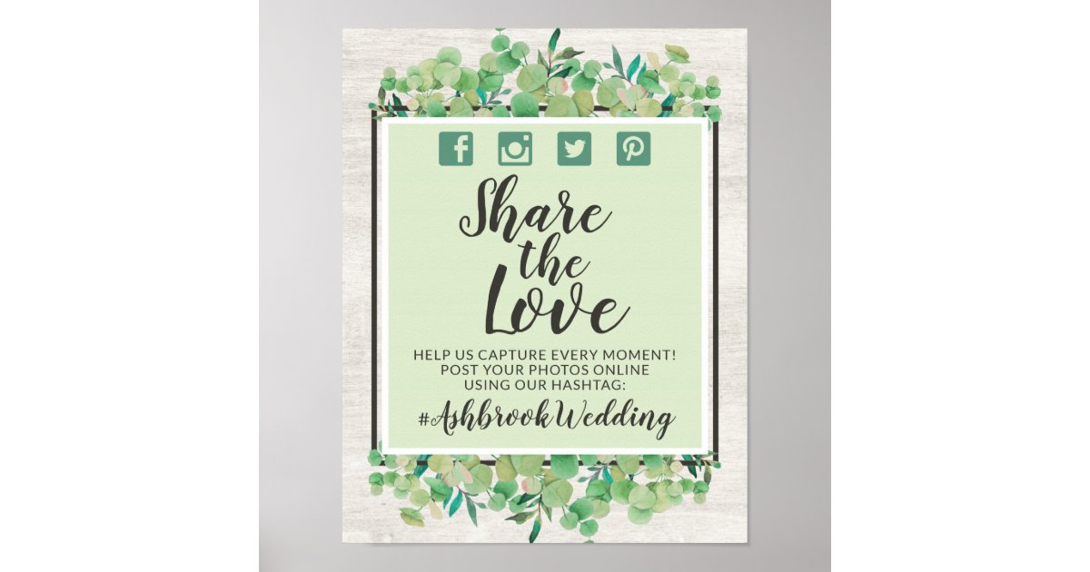 Rustic Wood Eucalyptus Wedding Hashtag Photo Sign | Zazzle