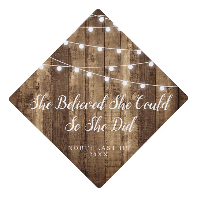 Rustic Wood & Fairy Lights Custom Graduation Cap Topper | Zazzle