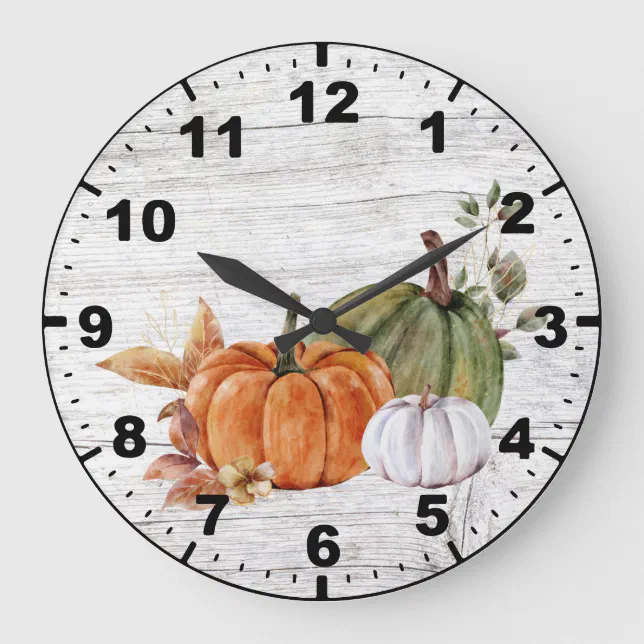 Rustic Wood Fall Autumn Pumpkins Greenery Large Clock | Zazzle