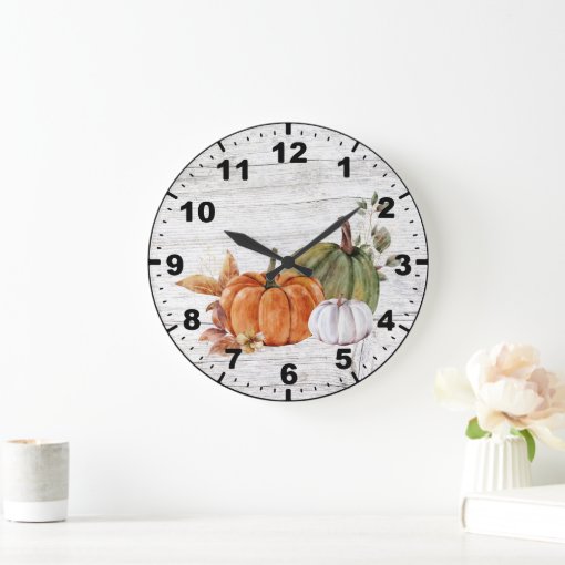 Rustic Wood Fall Autumn Pumpkins Greenery Large Clock | Zazzle