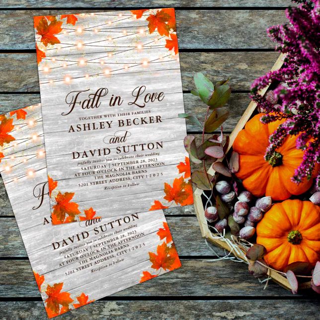 Rustic Wood Fall In Love String Lights Wedding Invitation | Zazzle