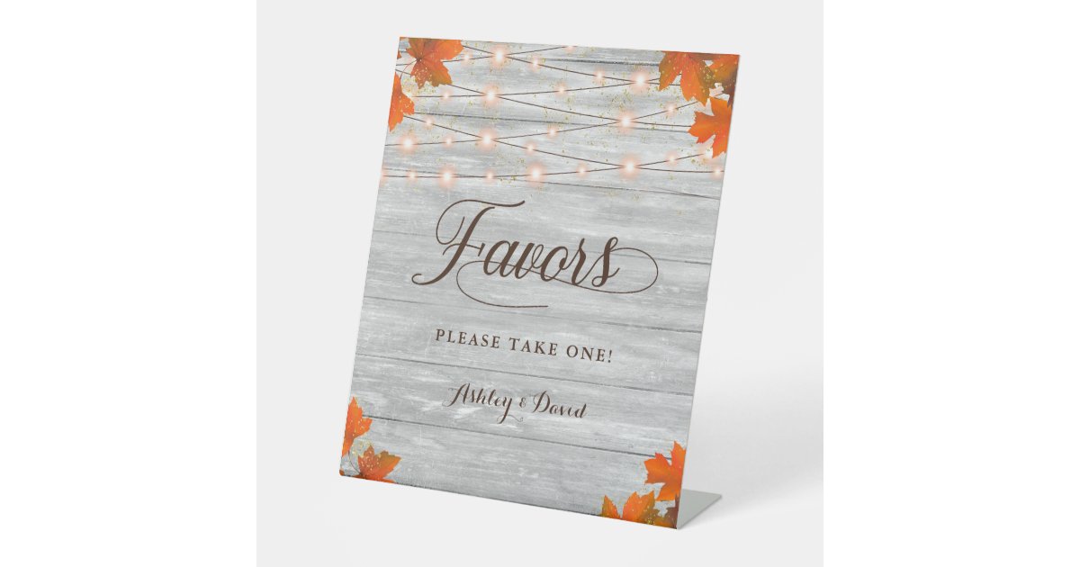 Rustic Wood Fall Leaves & Lights Favors Pedestal Sign | Zazzle