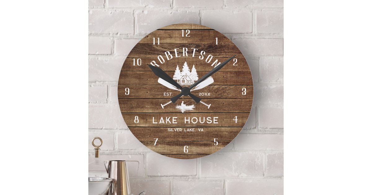 Rustic Wood Family Lake House Fisherman Trees Round Clock | Zazzle