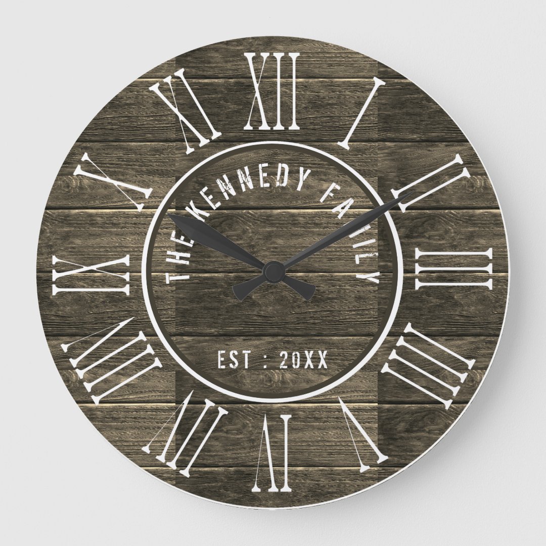 Rustic wood Family Name Farmhouse Roman Numeral Large Clock | Zazzle