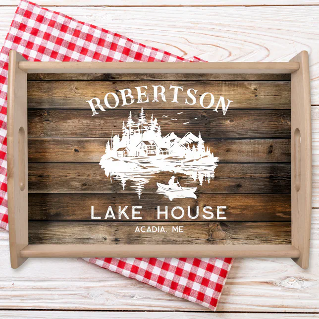 Rustic Wood Family Name Lake House Serving Tray | Zazzle