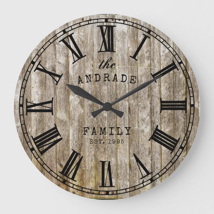 Rustic Wood Family Name Roman Numeral Farmhouse Large Clock | Zazzle