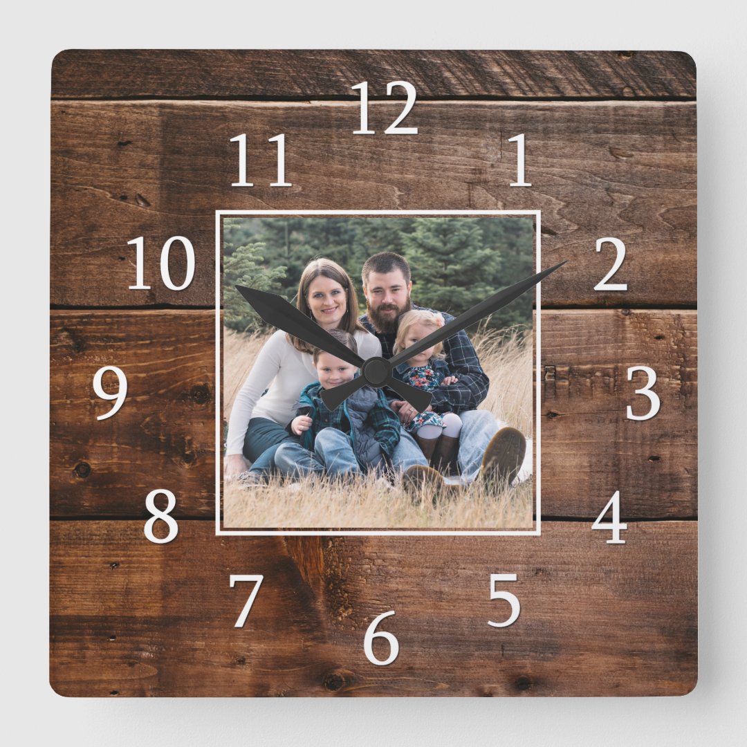 Rustic Wood Family Photo Clock | Zazzle