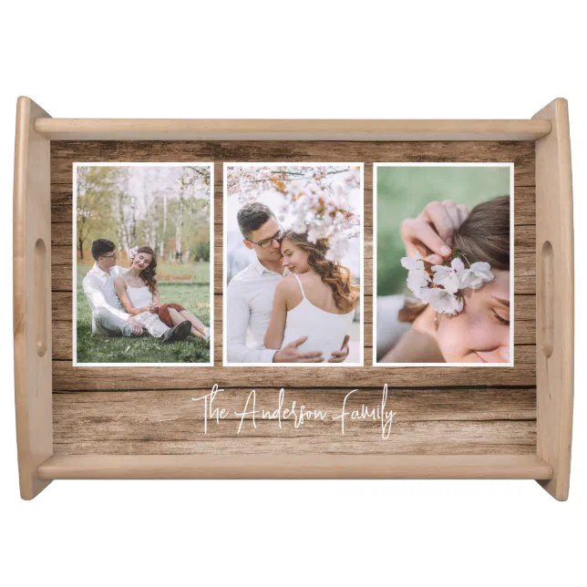 Rustic Wood Family Photo Collage Serving Tray | Zazzle