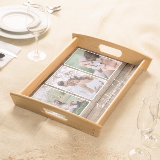 Rustic Wood Family Photo Collage Serving Tray | Zazzle