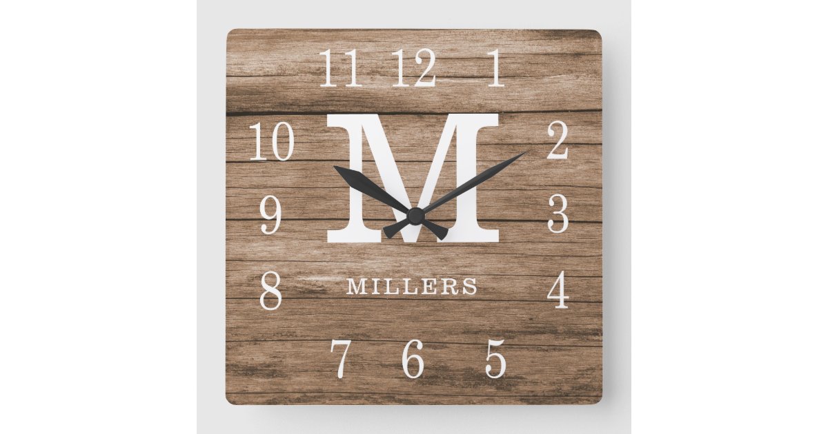 Rustic Wood Farmhouse Family Name Custom Monogram Square Wall Clock ...