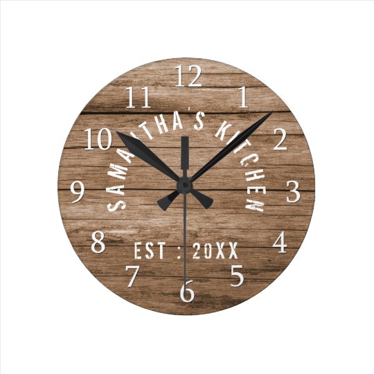 Rustic Wood Farmhouse Kitchen Personalized Round Clock | Zazzle.com