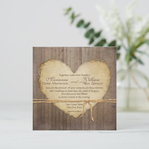 Rustic Wood Fence Boards Heart Antiqued Parchment Invitation | Zazzle
