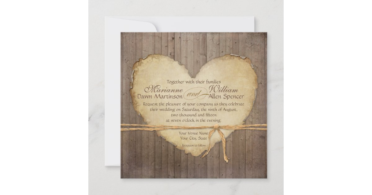 Rustic Wood Fence Boards Heart Antiqued Parchment Invitation | Zazzle