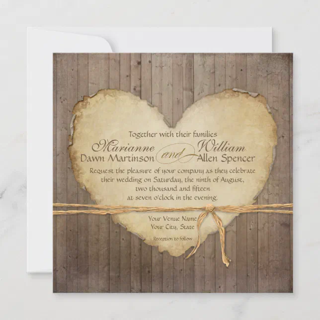 Rustic Wood Fence Boards Heart Antiqued Parchment Invitation | Zazzle