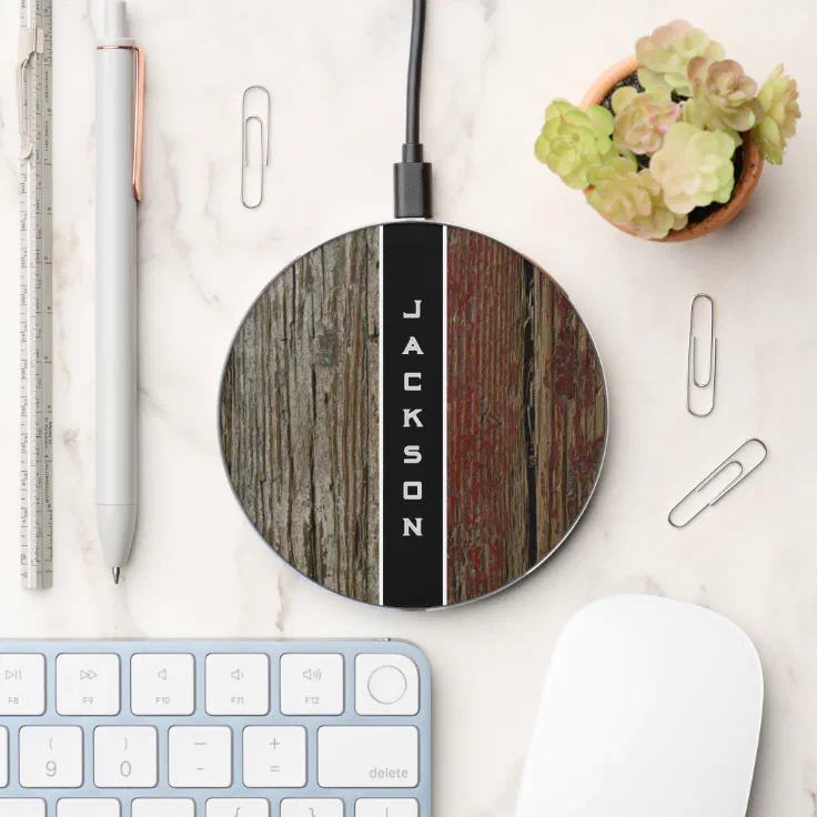 Rustic Wood Fence-Monogram in Black and White Wireless Charger | Zazzle