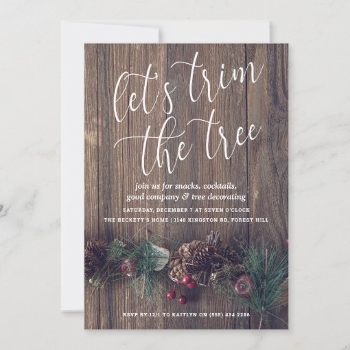 Rustic Wood & Festive Pine Tree Trimming Party Invitation | Zazzle