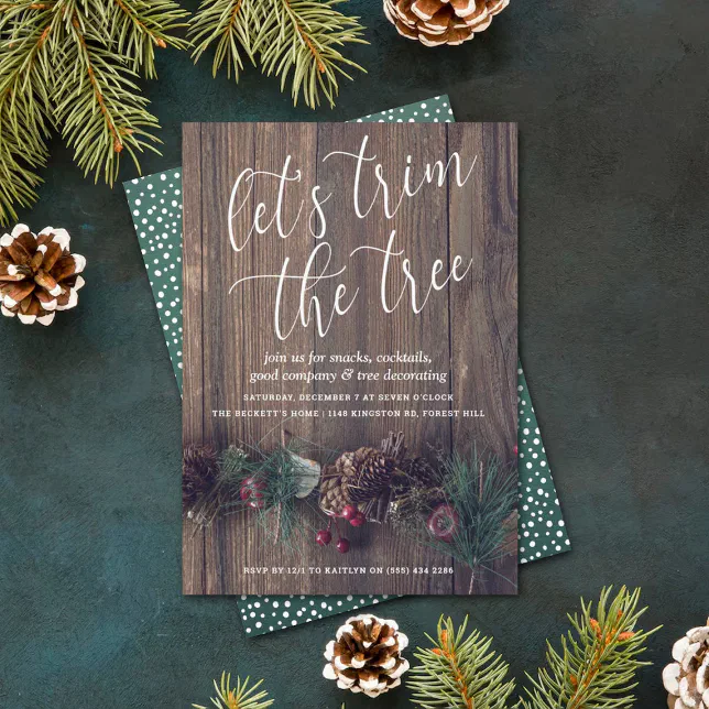 Rustic Wood & Festive Pine Tree Trimming Party Invitation | Zazzle