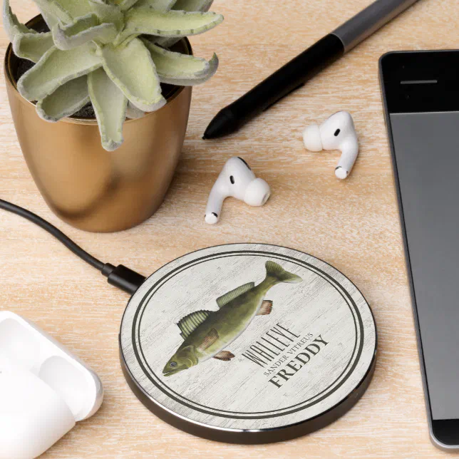 Rustic Wood Fish Fisherman Wildlife Walleye Wireless Charger | Zazzle