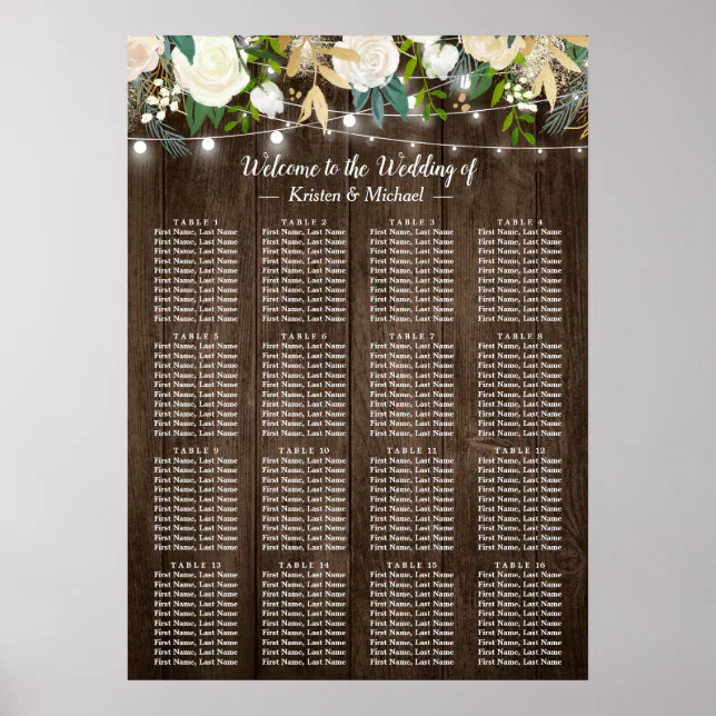 Rustic Wood Floral 16 Tables Wedding Seating Chart | Zazzle