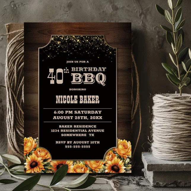 Rustic Wood Floral 40th Birthday BBQ Invitation | Zazzle