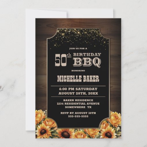 Rustic Wood Floral 50th Birthday BBQ Invitation | Zazzle