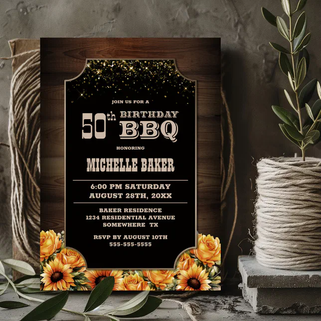 Rustic Wood Floral 50th Birthday BBQ Invitation | Zazzle