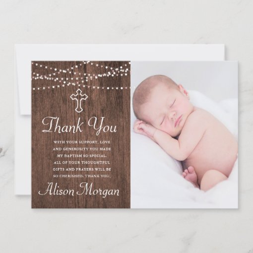 Rustic wood floral baptism thank you card | Zazzle