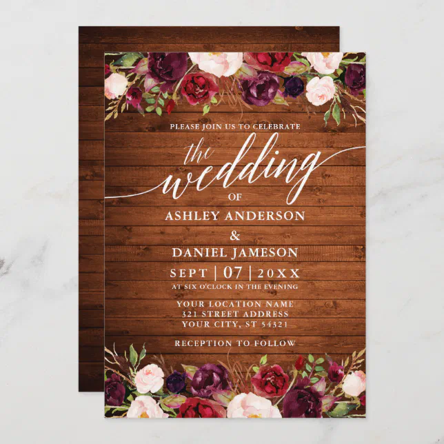 Rustic Wood Floral Calligraphy Photo Wedding Invitation | Zazzle