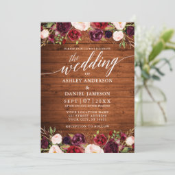 Rustic Wood Floral Calligraphy Photo Wedding Invitation | Zazzle